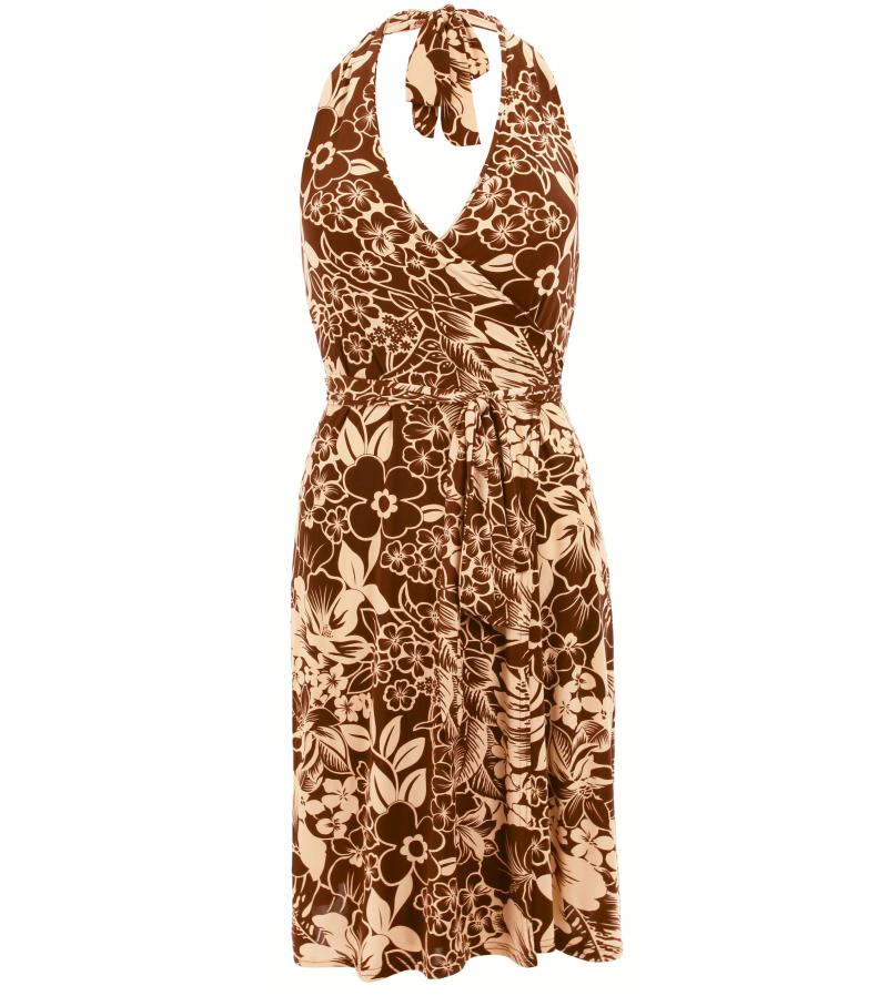 Beige Floral Halter Neck Wrap Dress