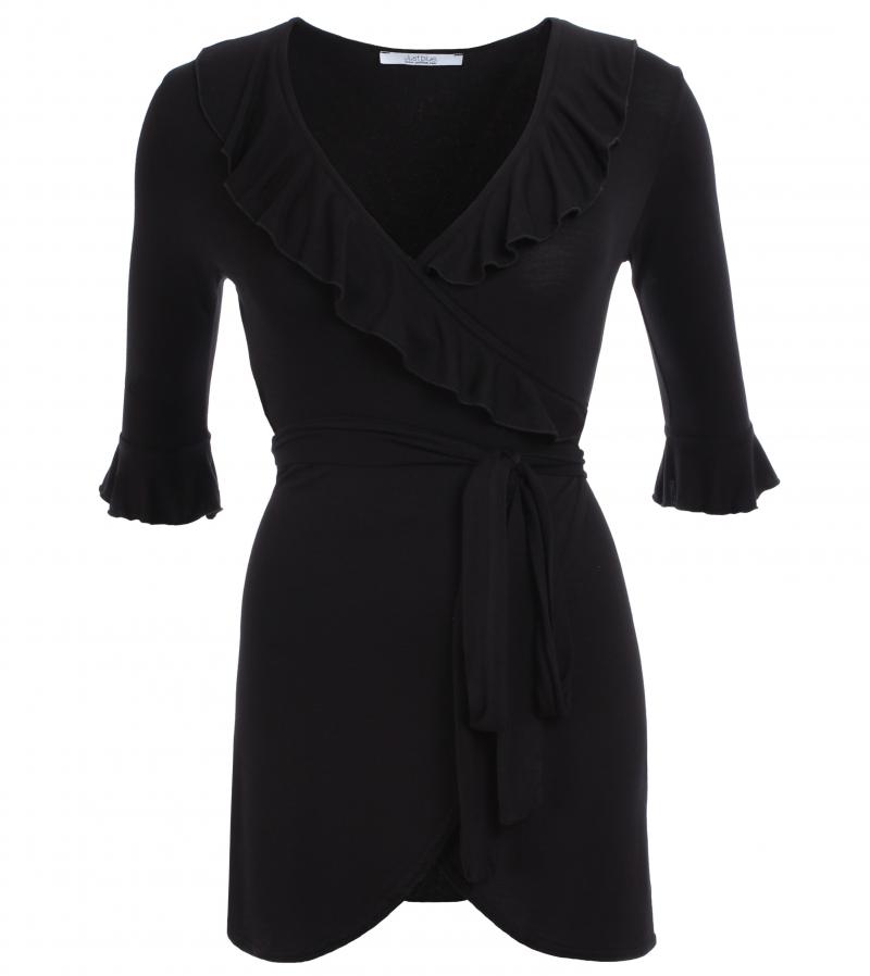Black Ruffled Wrap Top
