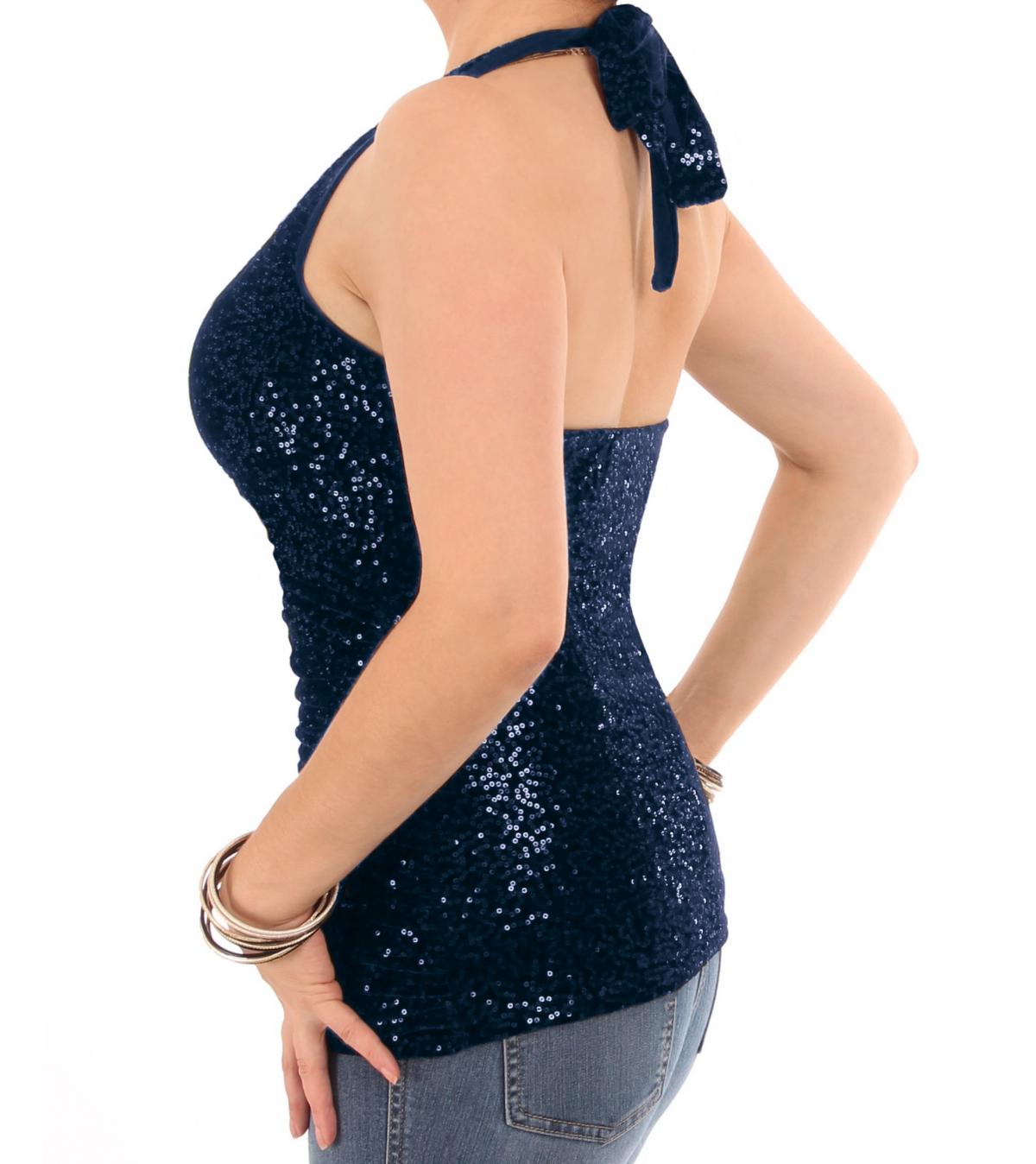 Navy Blue Velour Sequin Figure Hugging Halter Top