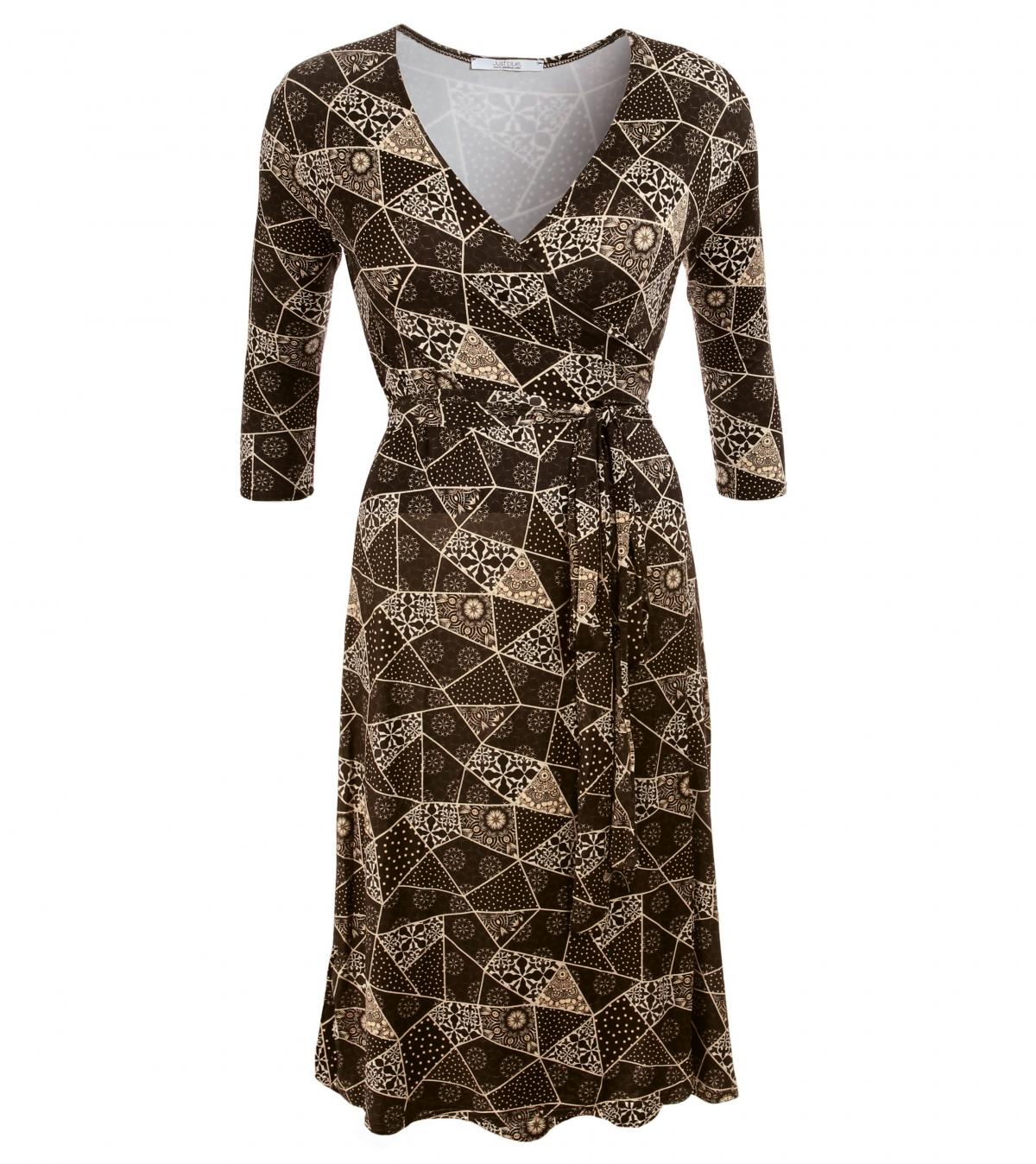 Black and Gold Geometric Print Wrap Dress